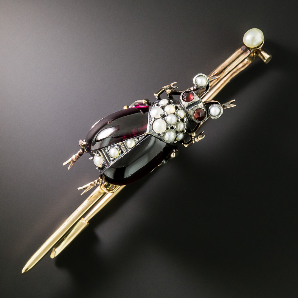 Late-19th Century Garnet and Seed Pearl Ladybug Brooch