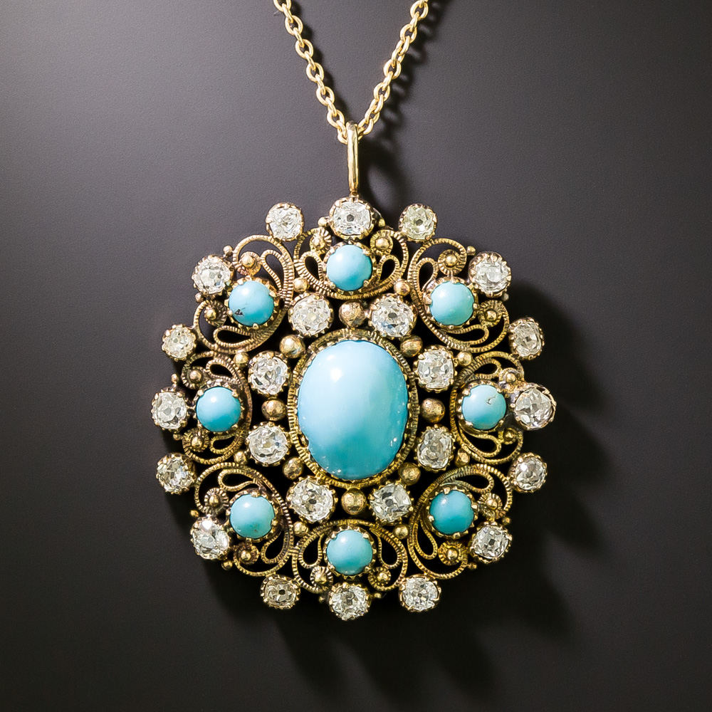 Late-Georgian Turquoise and Diamond Filigree Pendant