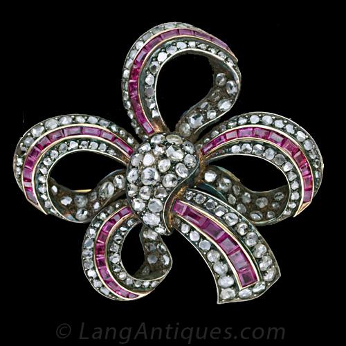 Late Victorian Diamond and Ruby Bow Pin