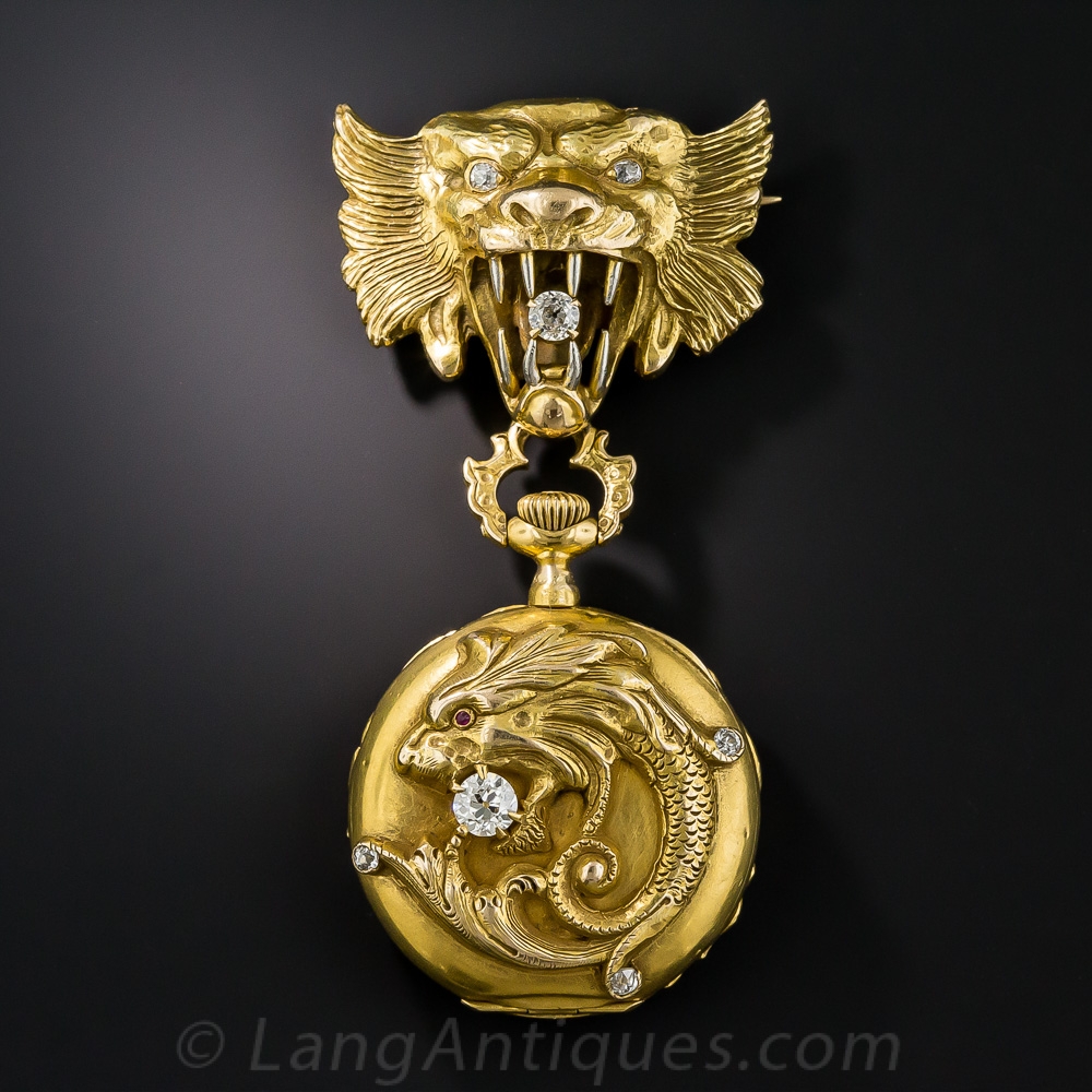 Lion/Gargoyle Diamond Lapel Watch by Peacock/Waltham