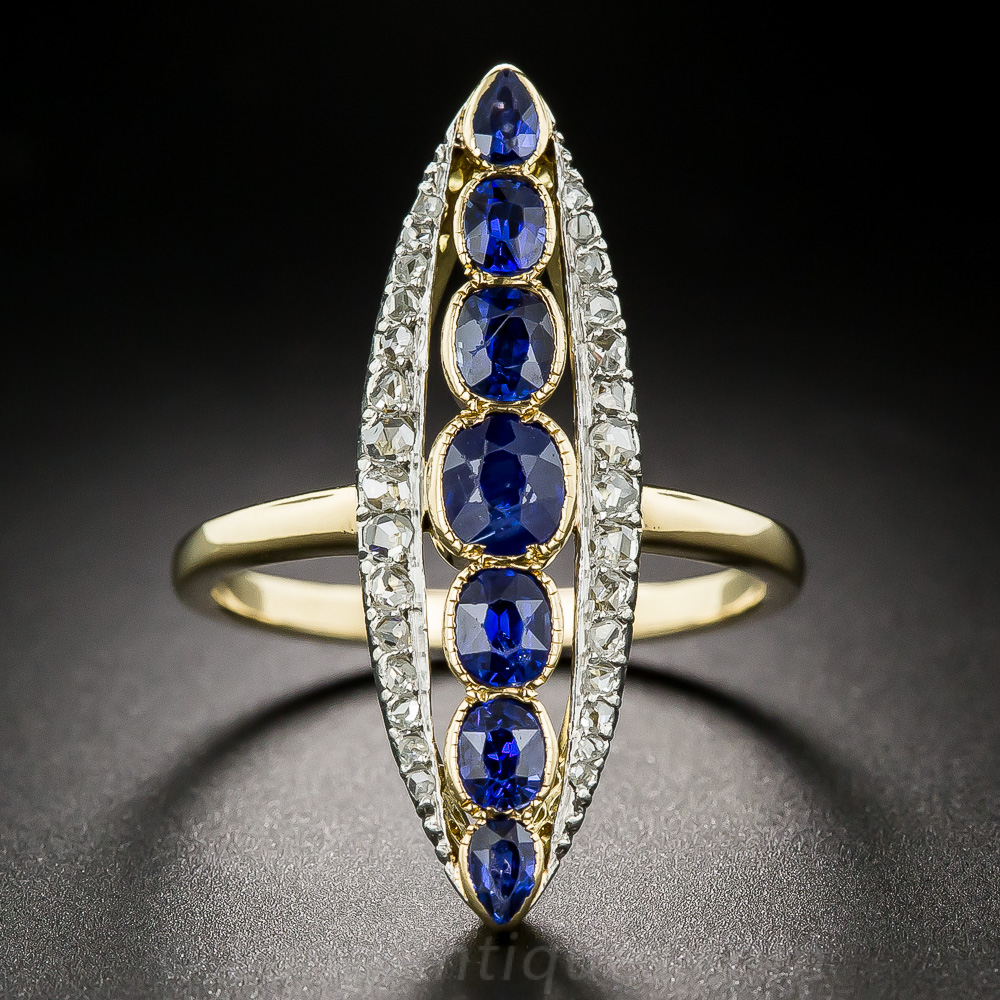 Long Antique Sapphire and Diamond Dinner Ring