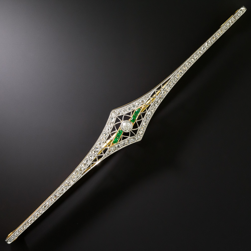 Long Art Deco Diamond and Emerald-Green Glass Bar Pin