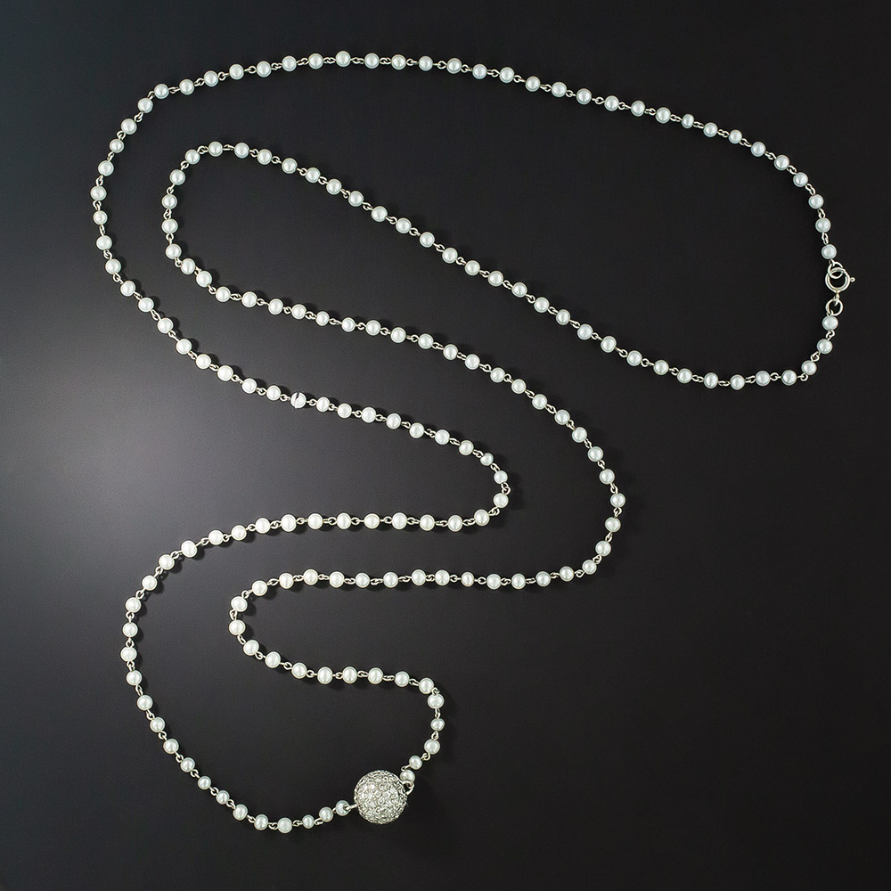 Long Pearl Chain with Pavé Diamond Ball Pendant