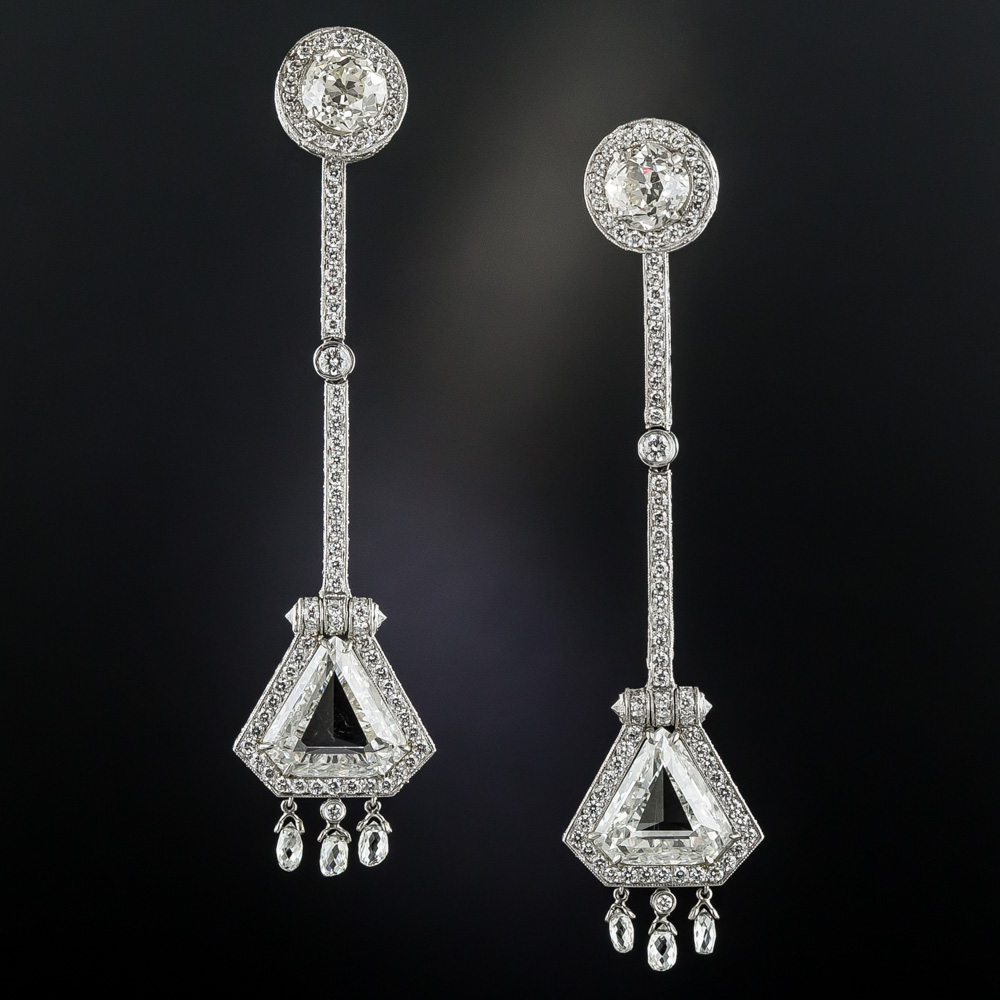 Long Shield-Shaped Diamond Platinum Earrings