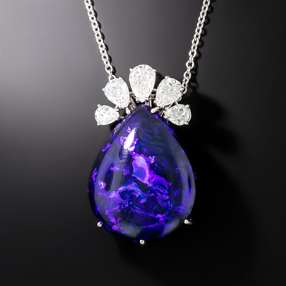 Mid-Century 15.00 Carat Black Opal and Diamond Pendant by Ruser