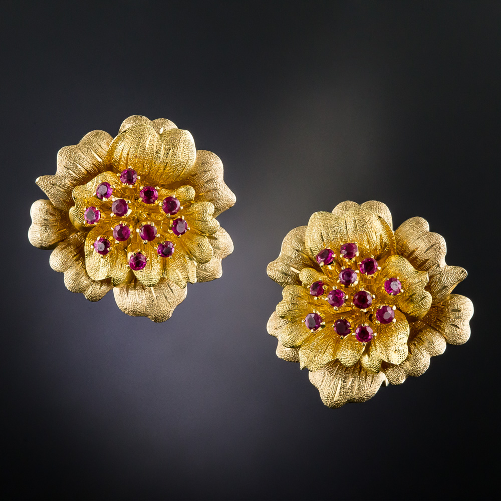 Mid-Century 18K Gold and Ruby Flower Earrings