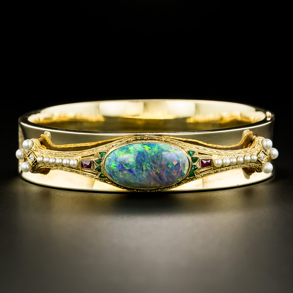 Mid-Century Bangle with Exotic Art Deco Black Opal Overlay