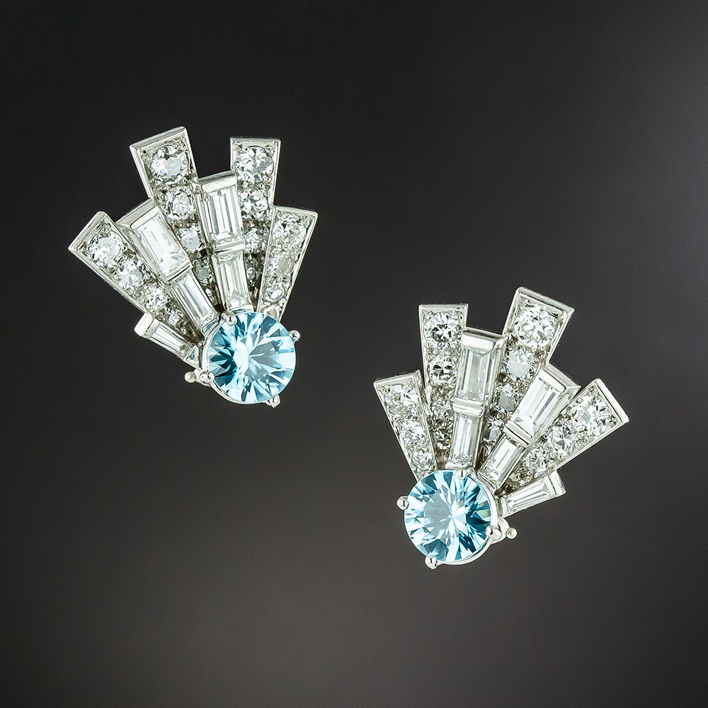 Mid-Century Blue Zircon and Diamond Earrings By Ruser