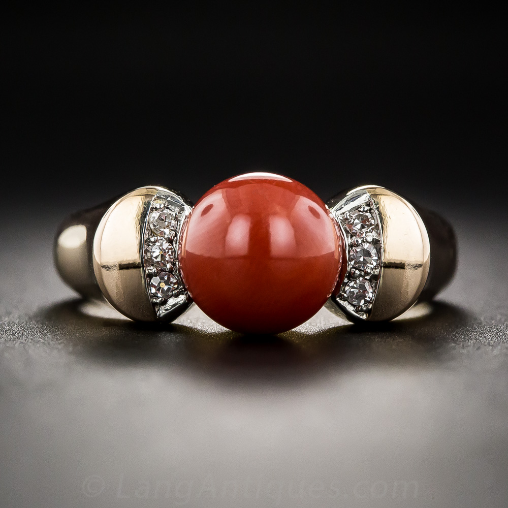 Mid-Century Coral and Diamond Ring