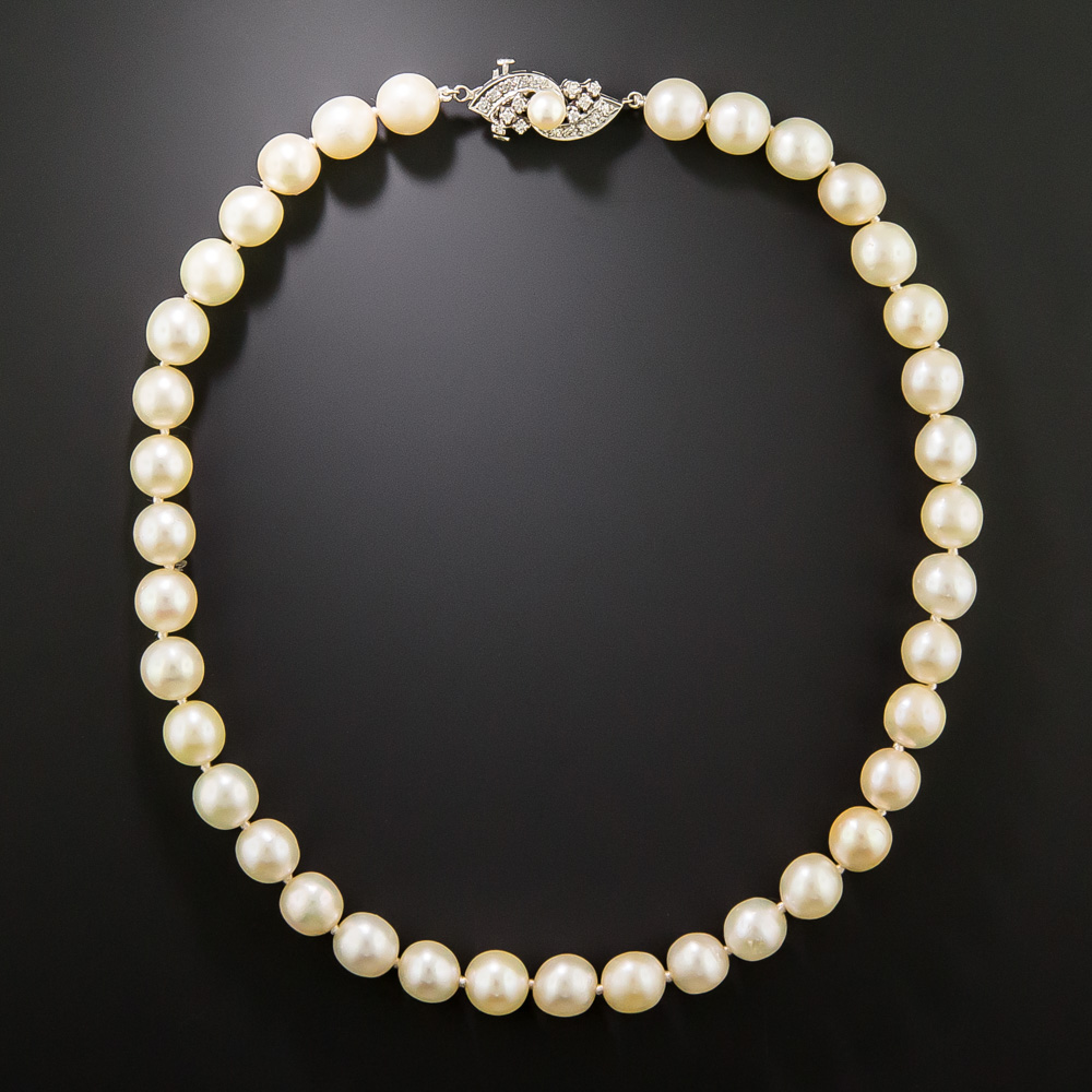 Mid-Century Cultured Pearl Strand with Diamond and Pearl Clasp