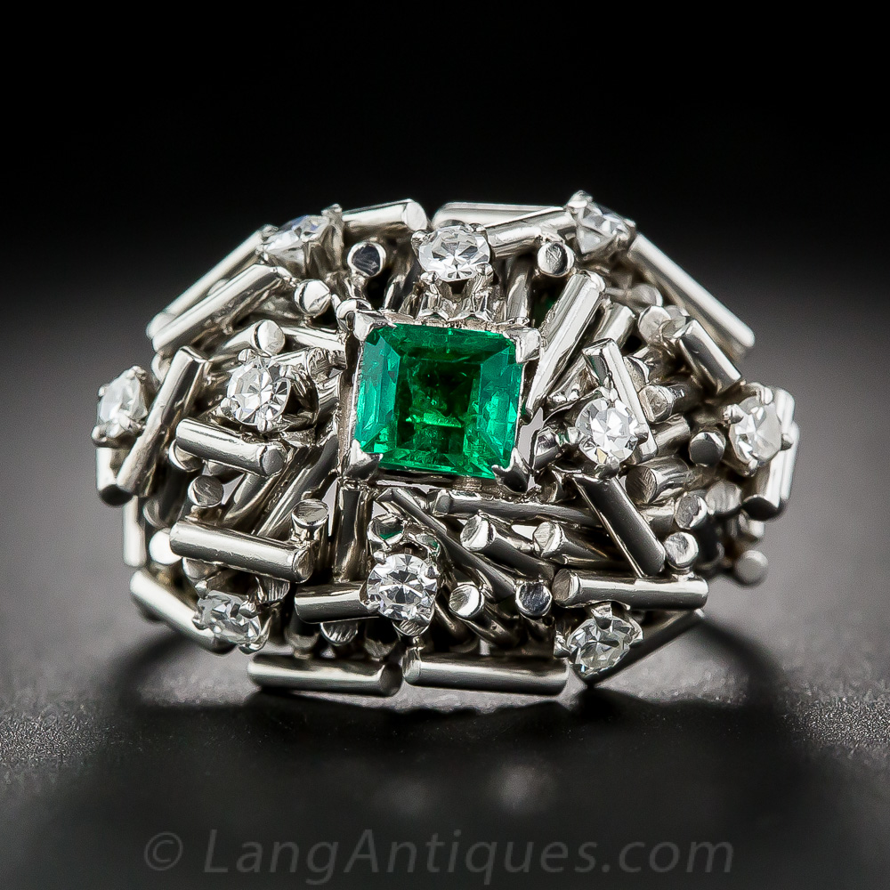 Mid-Century Emerald and Diamond Bombe Ring