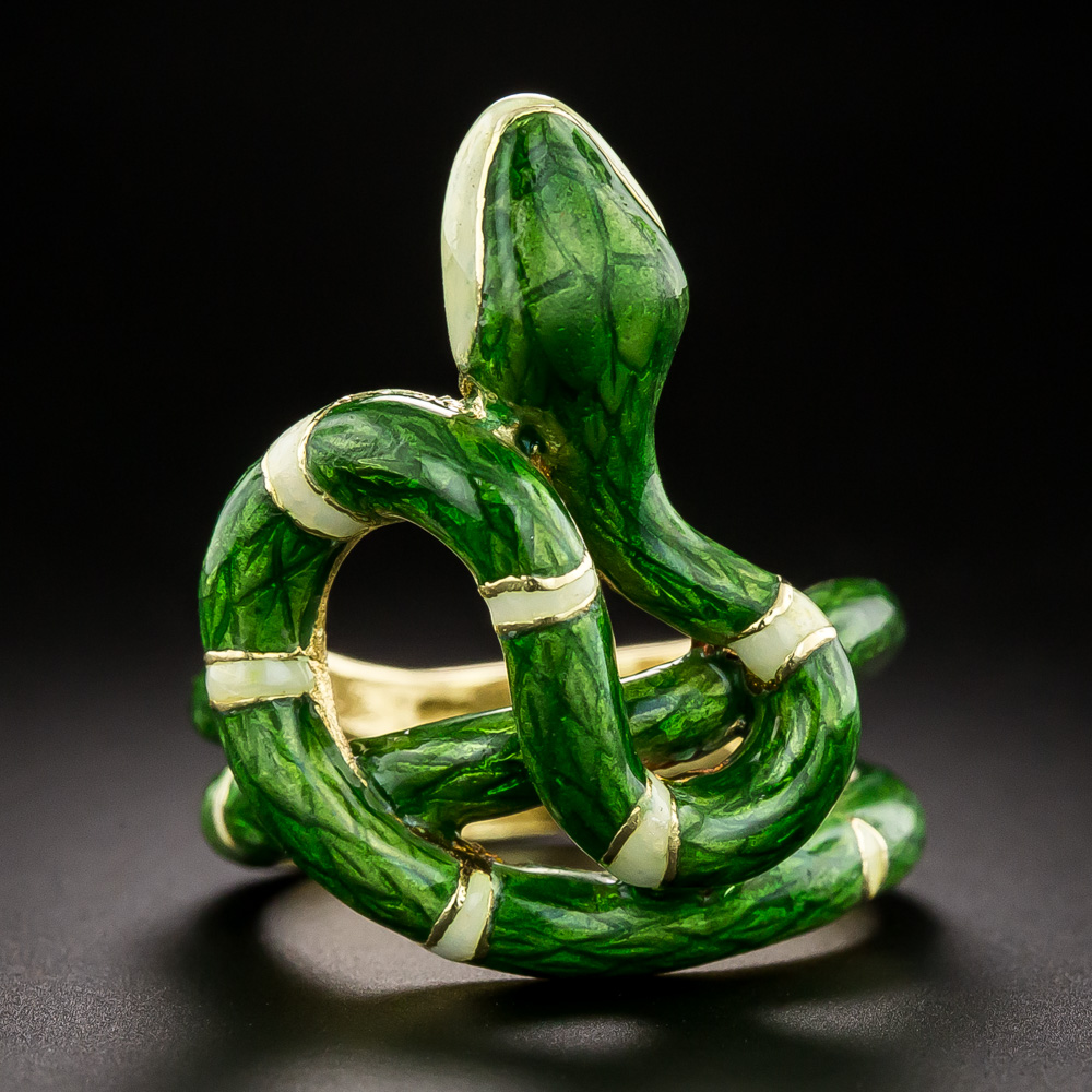 Mid-Century Enamel Snake Ring, Size 7 1/2+