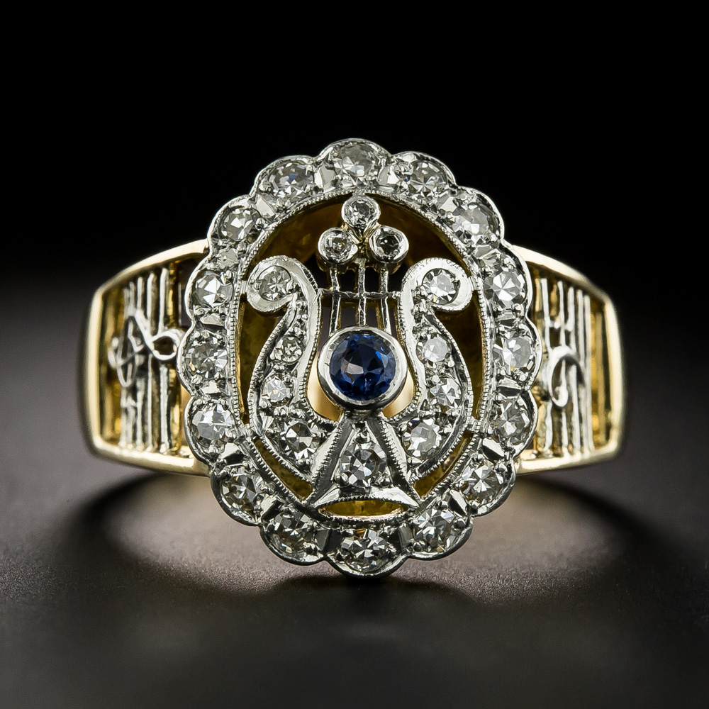 Mid-Century Lyre, Treble and Bass Clef Diamond Ring
