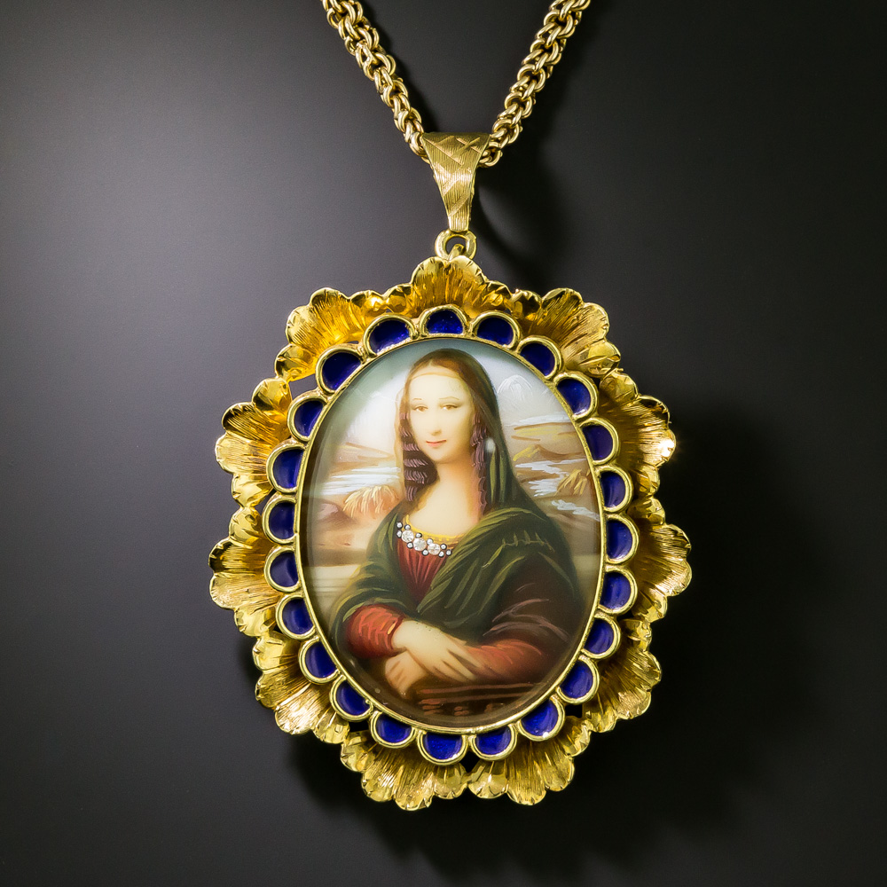 Mid Century Mona Lisa, Diamond Studded, Enamel Brooch by Corletto of Italy