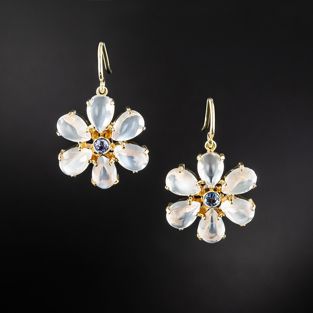 Mid-Century Moonstone and Sapphire Flower Earrings