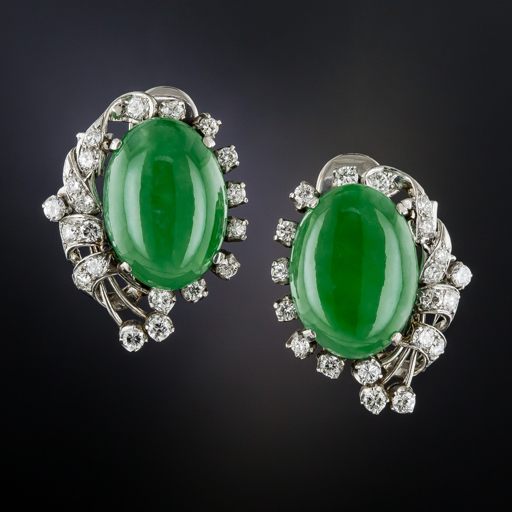 Lang Antiques Mid Century Natural Jade and Diamond Earrings