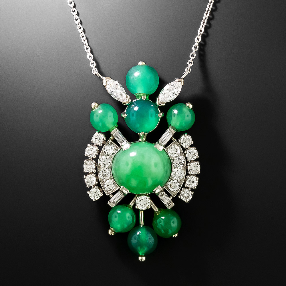 Mid-Century Natural Jade and Diamond Space Age Pendant