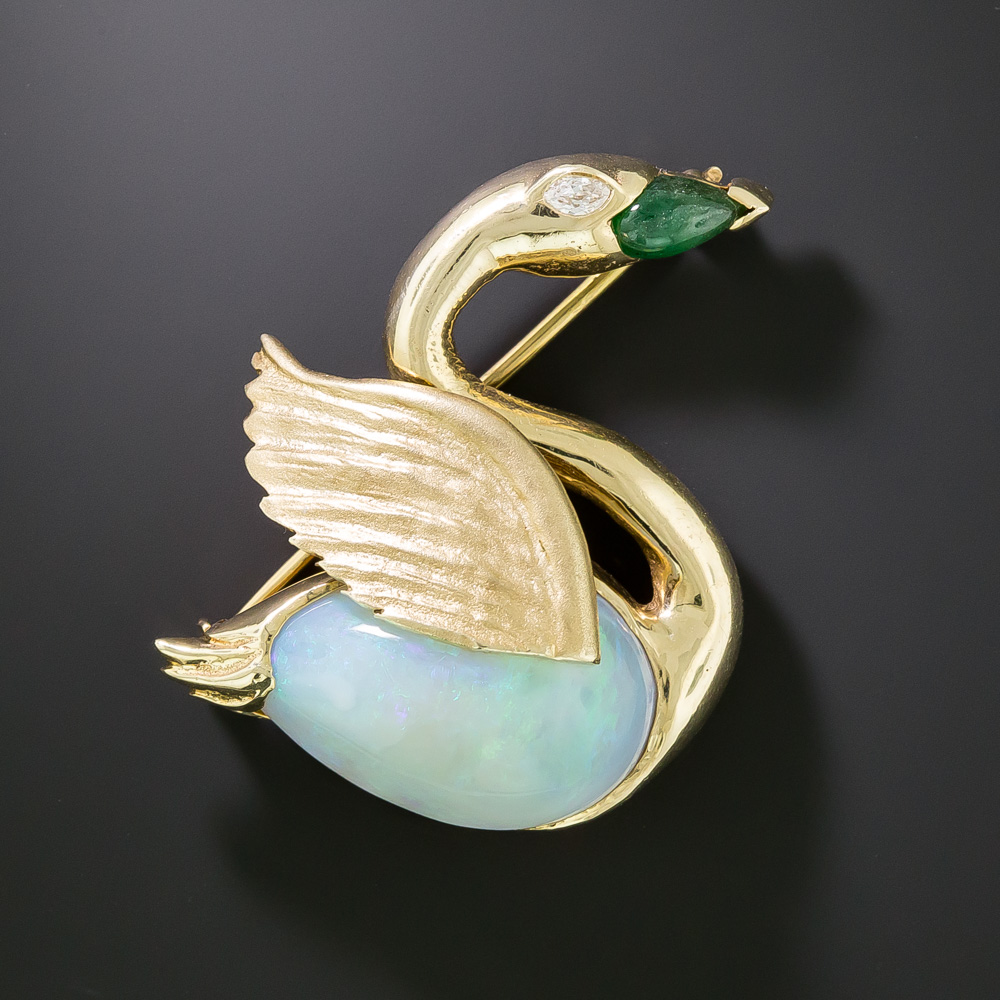 Mid-Century Opal Swan Brooch