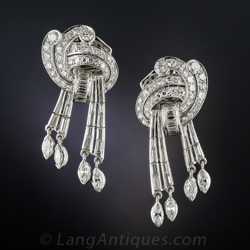 Mid-Century Platinum and Diamond Ear Drops