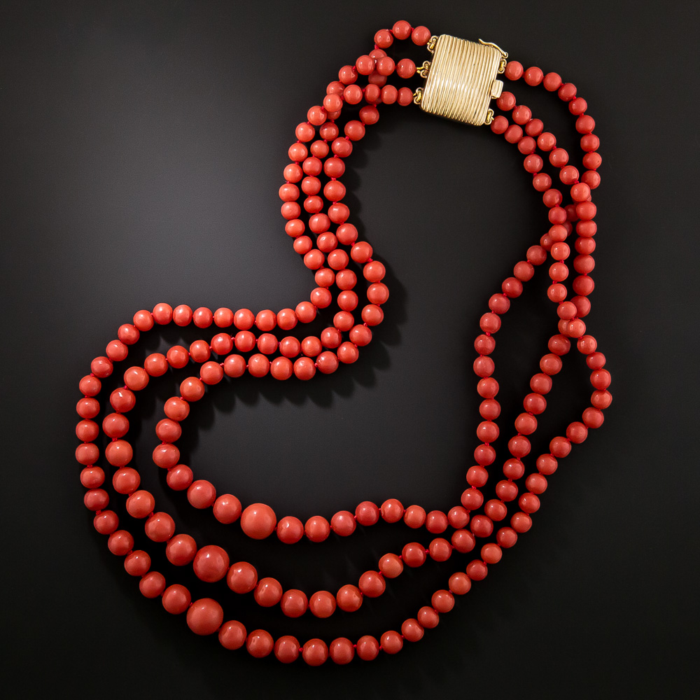 Mid-Century Triple-Strand Coral Necklace with Ribbed Cushion Clasp
