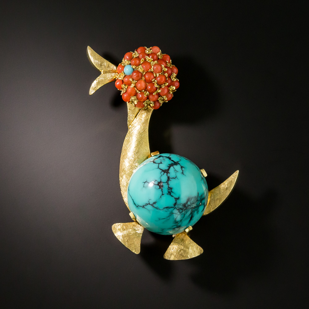 Mid-Century Turquoise and Coral Duck Pin