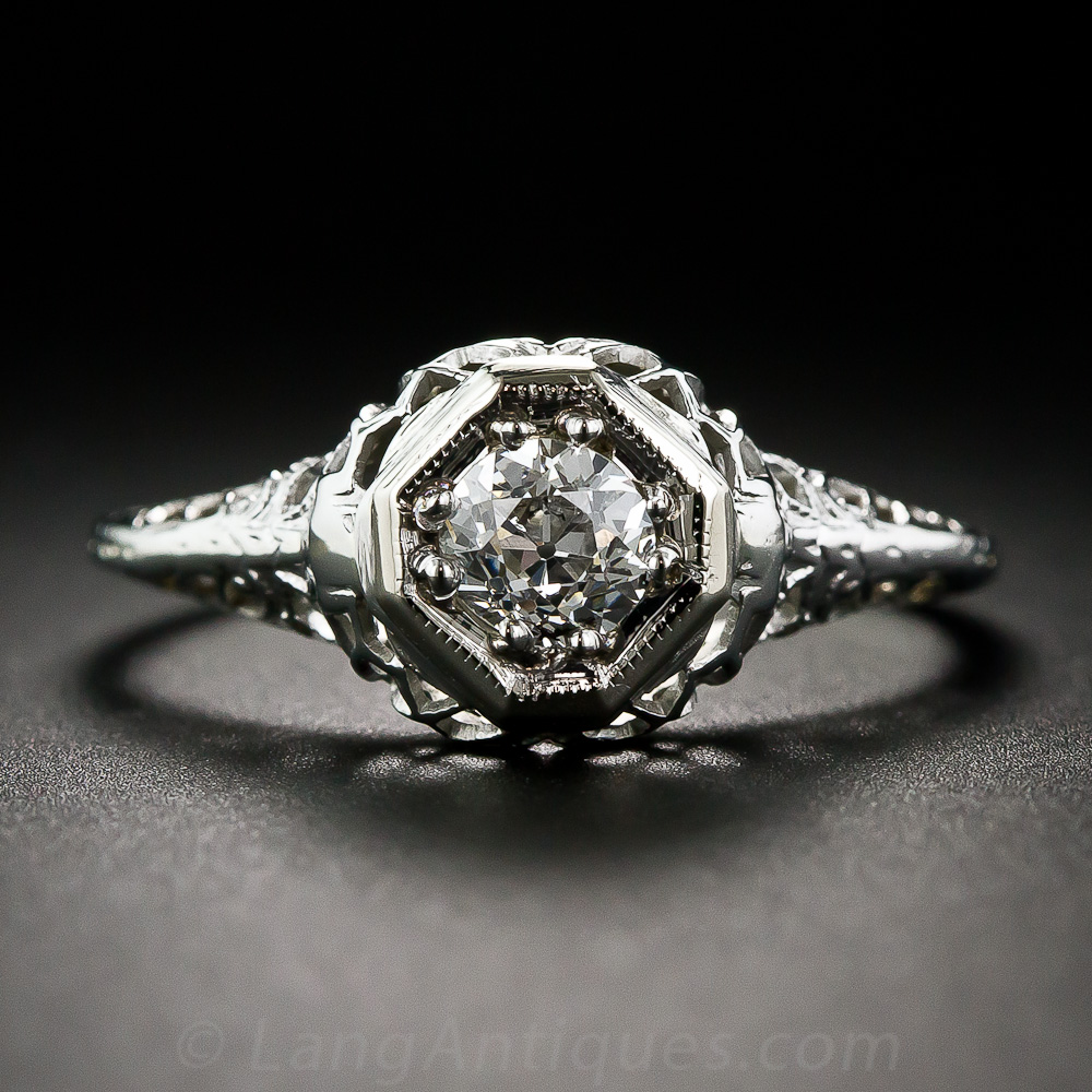 Mine-Cut Diamond Filigree Engagement Ring