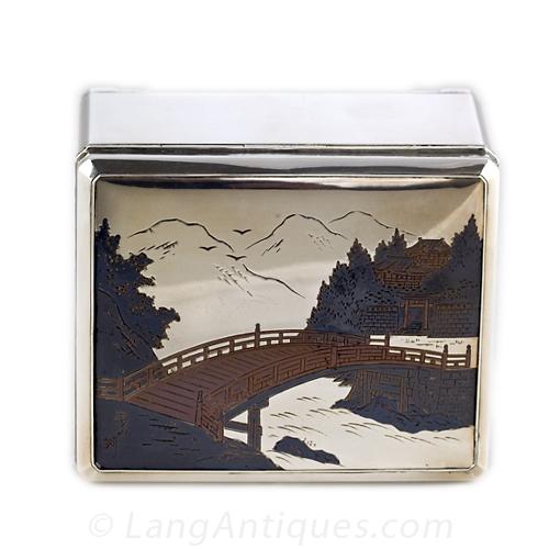 Mixed Metal Japanese Silver Box Depicting Shinto Shrine