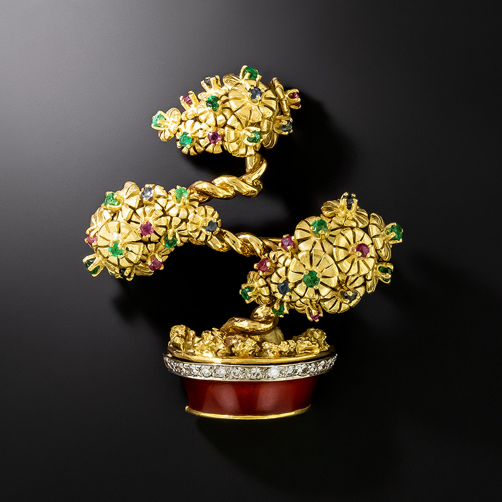 Multi-Gem and Diamond Bonsai Tree Brooch, Circa 1950s