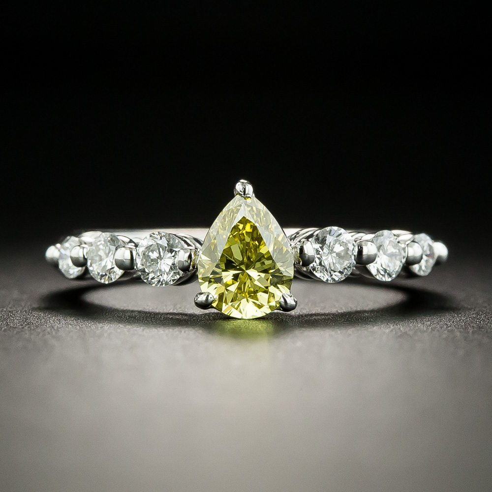 Natural Fancy Intense Yellow .61 Carat Pear-Cut Diamond Engagement Ring ...