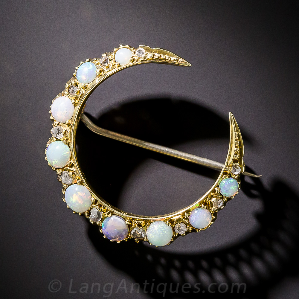 Opal and Diamond Victorian Crescent Pin