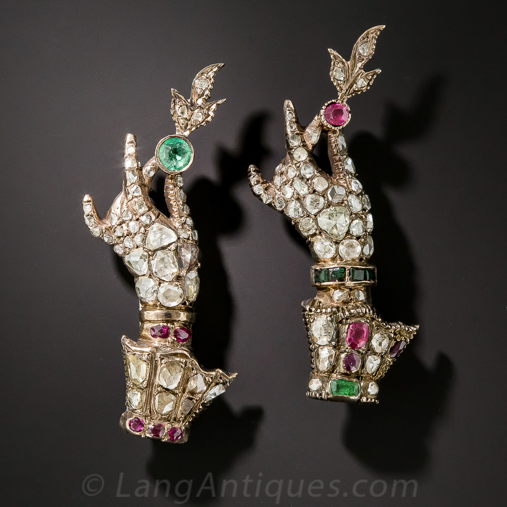 Pair of Early-Victorian Diamond and Colored Stone Hand Brooches