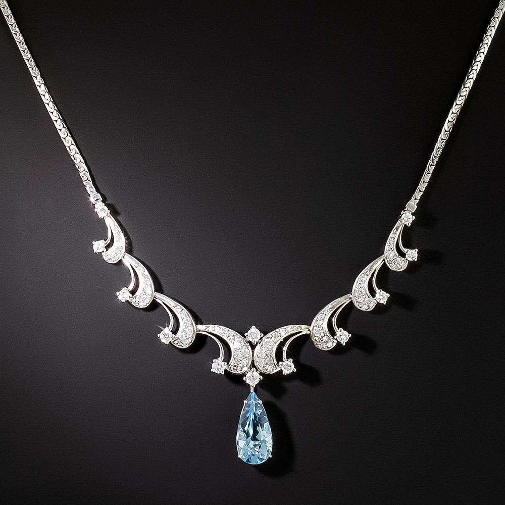 Pear Shape Aquamarine and Diamond Scroll Necklace