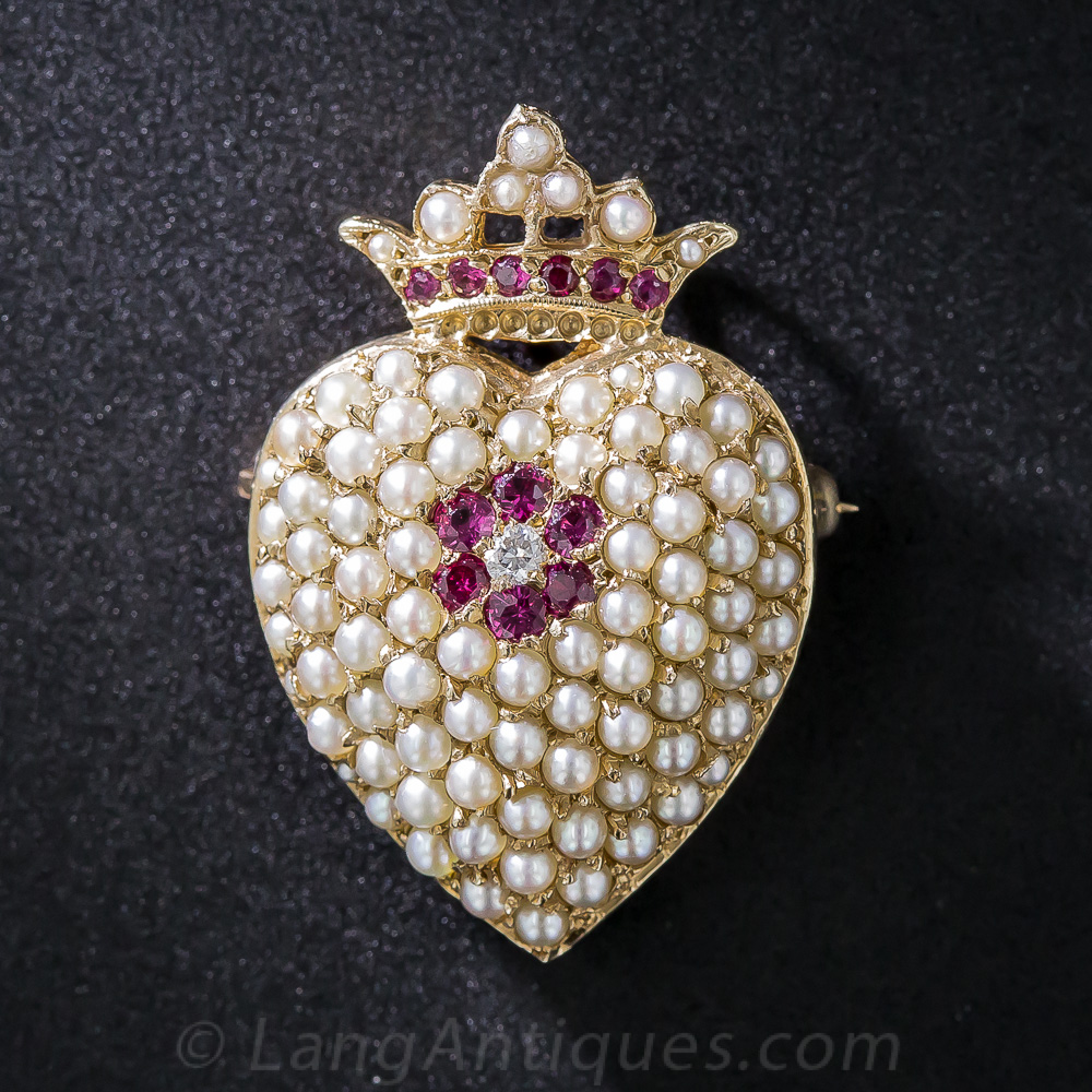 Pearl Ruby and Diamond Crowned Heart Brooch