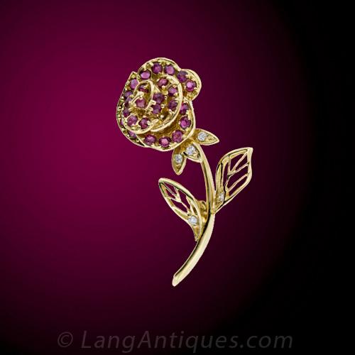 Petite Ruby and Diamond Rose Pin