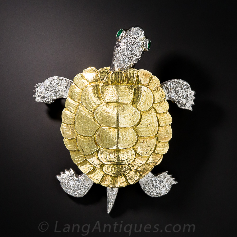 Platinum and 18K and Diamond Turtle Pin by McTeigue