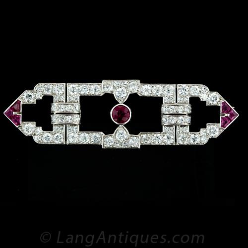Platinum Center Ruby and Diamond Art Deco Pin with Ruby Calibre