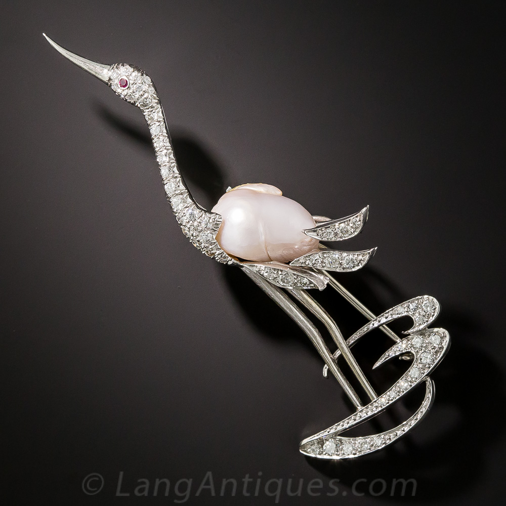 Platinum Diamond and Pearl Crane Brooch