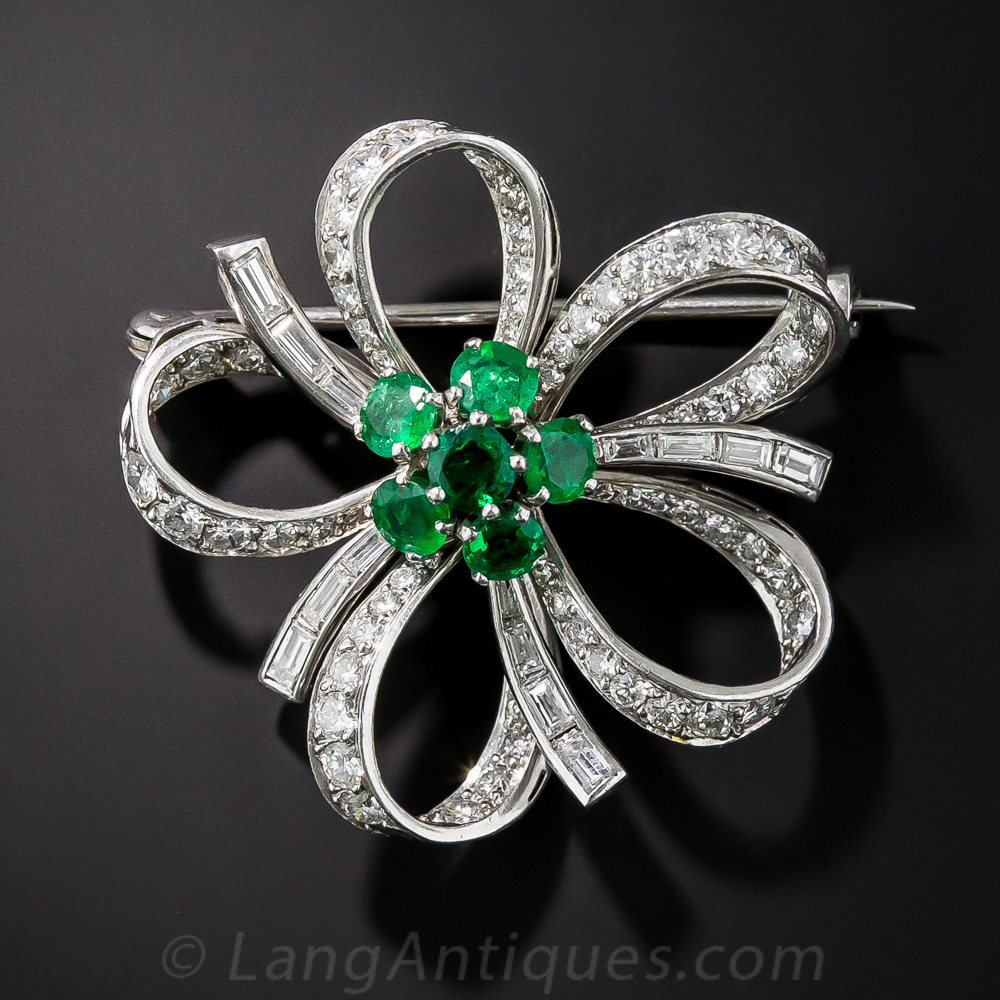 Platinum Emerald and Diamond Bow Pin