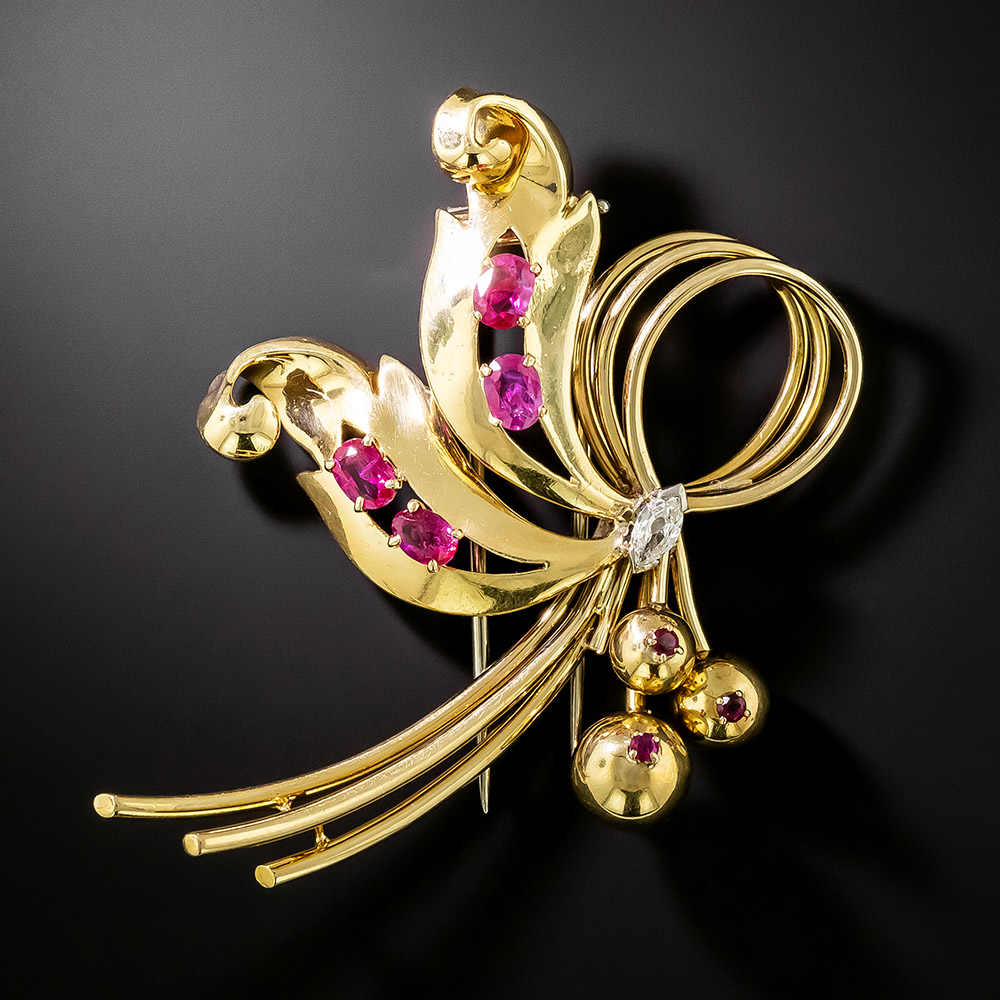 Retro 18K Ruby And Diamond Brooch