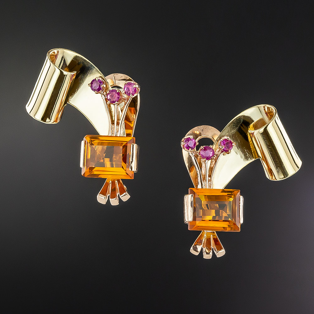Retro Citrine and Ruby Clip Earrings