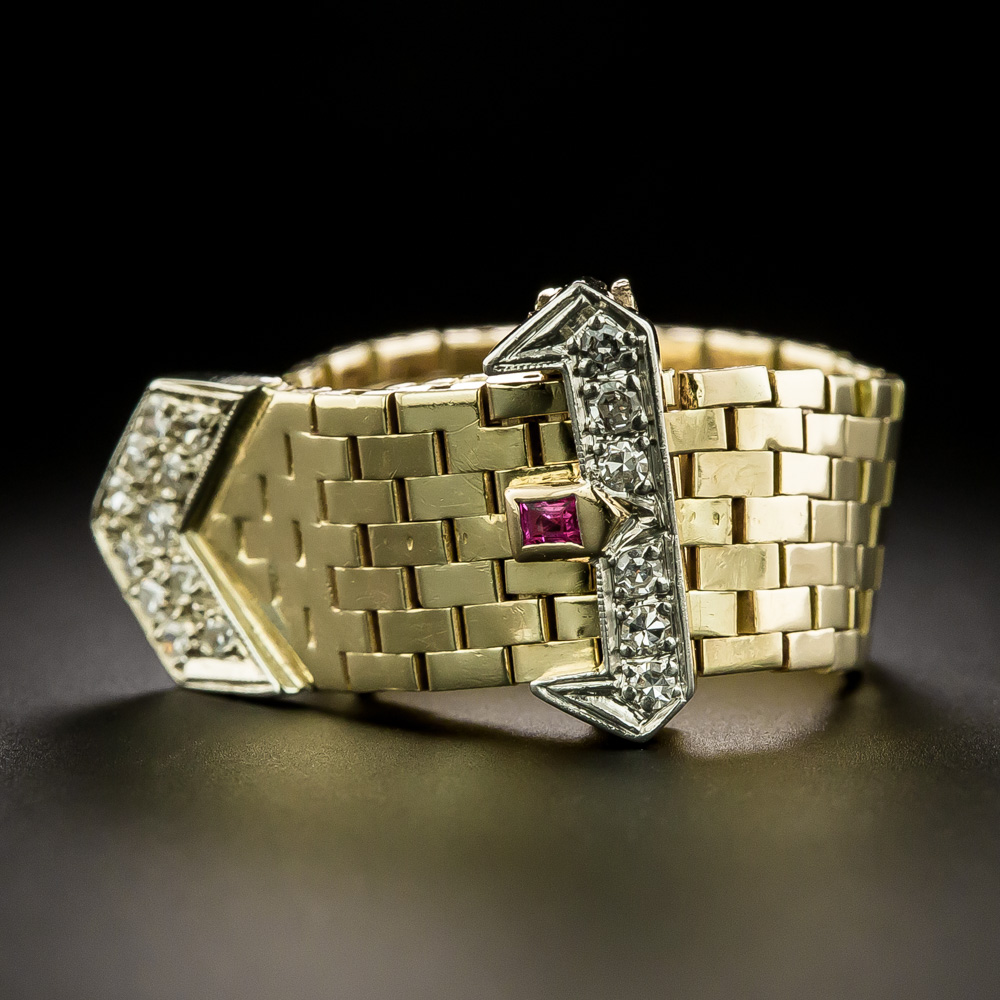 Retro Diamond and Ruby Buckle Ring