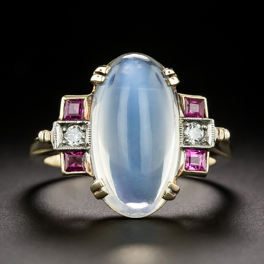 Retro Moonstone, Ruby, and Diamond Ring