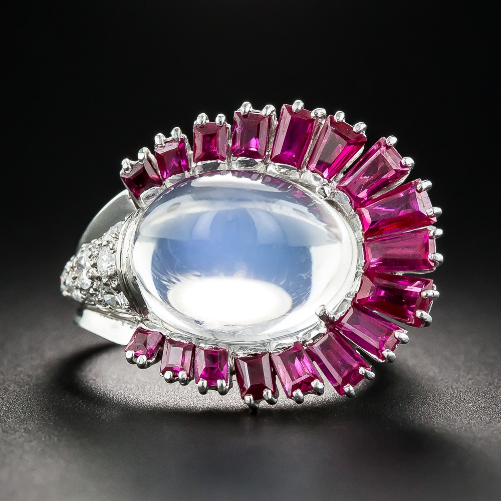 Retro Moonstone Ruby and Diamond Ring
