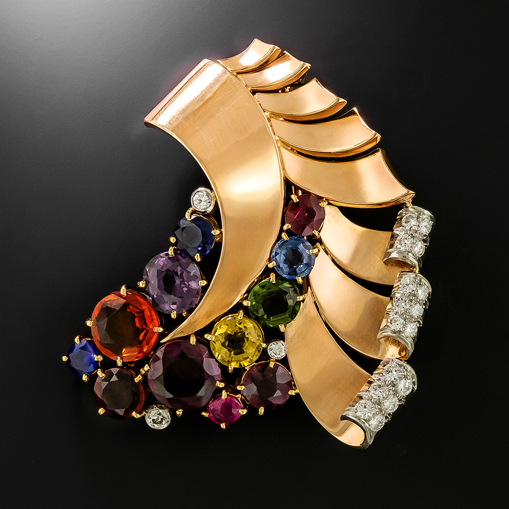 Retro Multi-Gem and Diamond Brooch, French