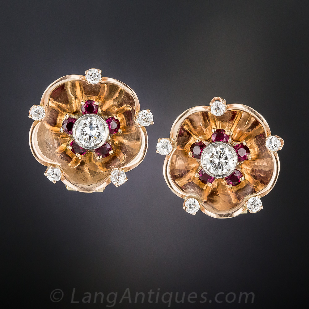 Retro Rose Gold, Diamond and Ruby Earrings