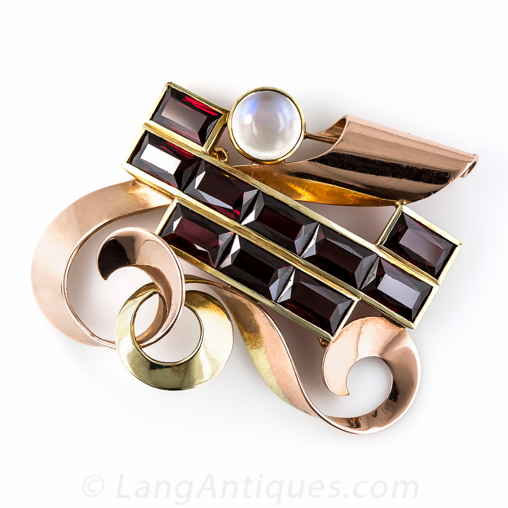 Retro Rose Gold, Garnet and Moonstone Pin
