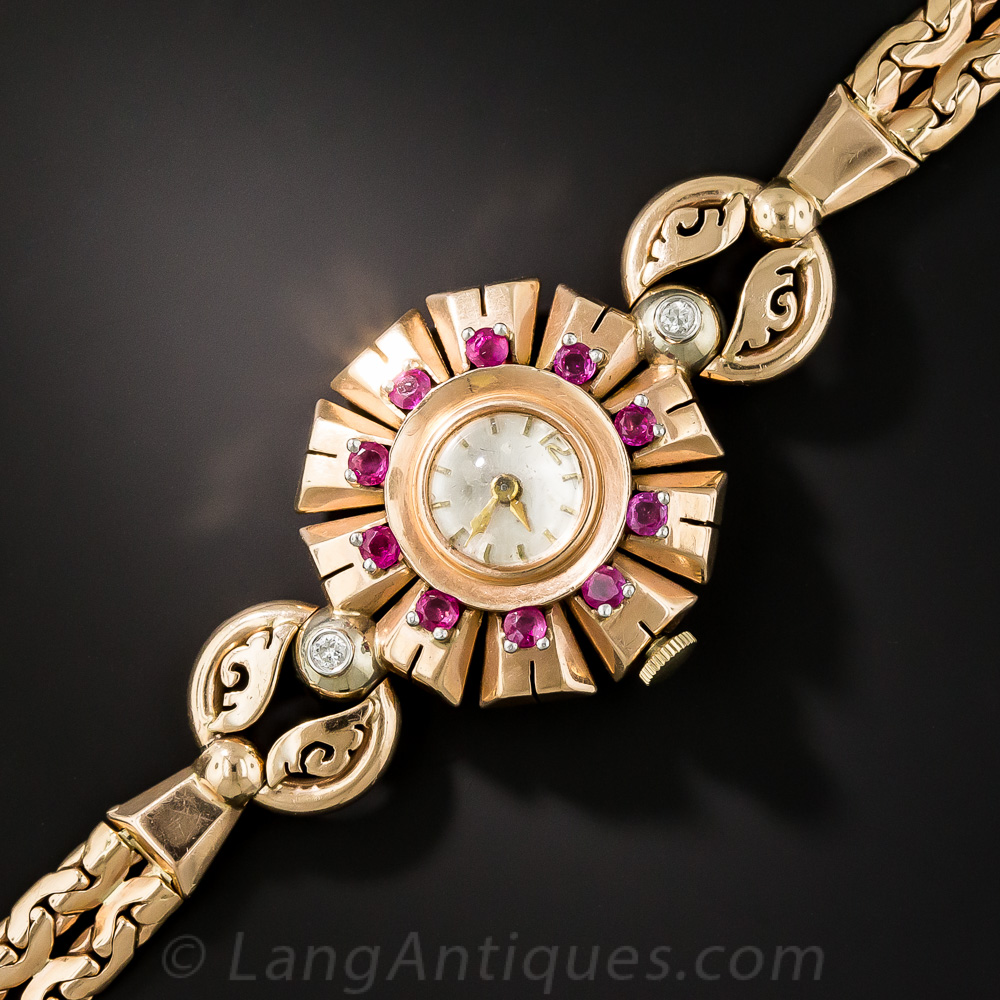 Retro Rose Gold, Ruby and Diamond Watch by Movado