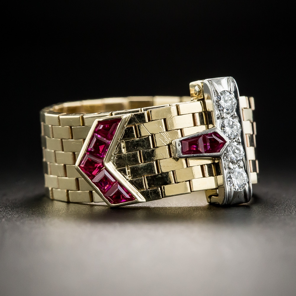 Retro Ruby and Diamond Buckle Ring