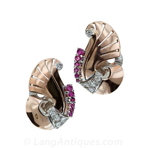 Retro Ruby and Diamond Clip Earrings