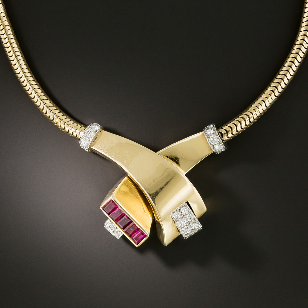 Retro Ruby and Diamond Serpentine Necklace